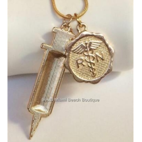 Jewelry | Gold Rn Nursing Necklace Caduceus Syringe Nurse | Poshmark